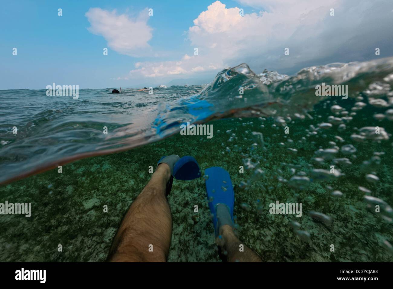 POV view of the legs of a man in fins who swims underwater and films a ...