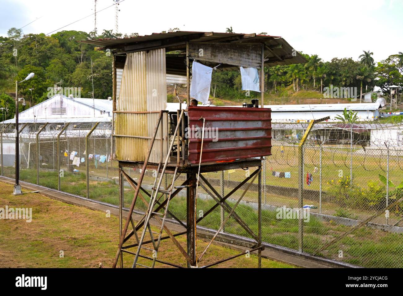 Panama City, Panama - 22 January 2024: Guard lookout tower at a prison ...
