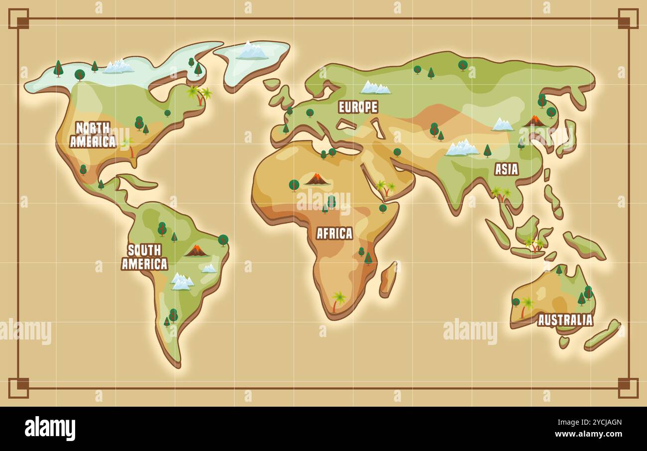 This illustrated world map features simplified continents with trees ...