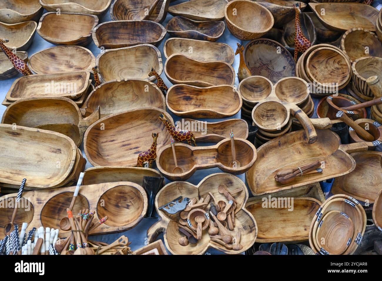 Various handmade wooden crafts are sold at the local Maasai souvenir ...