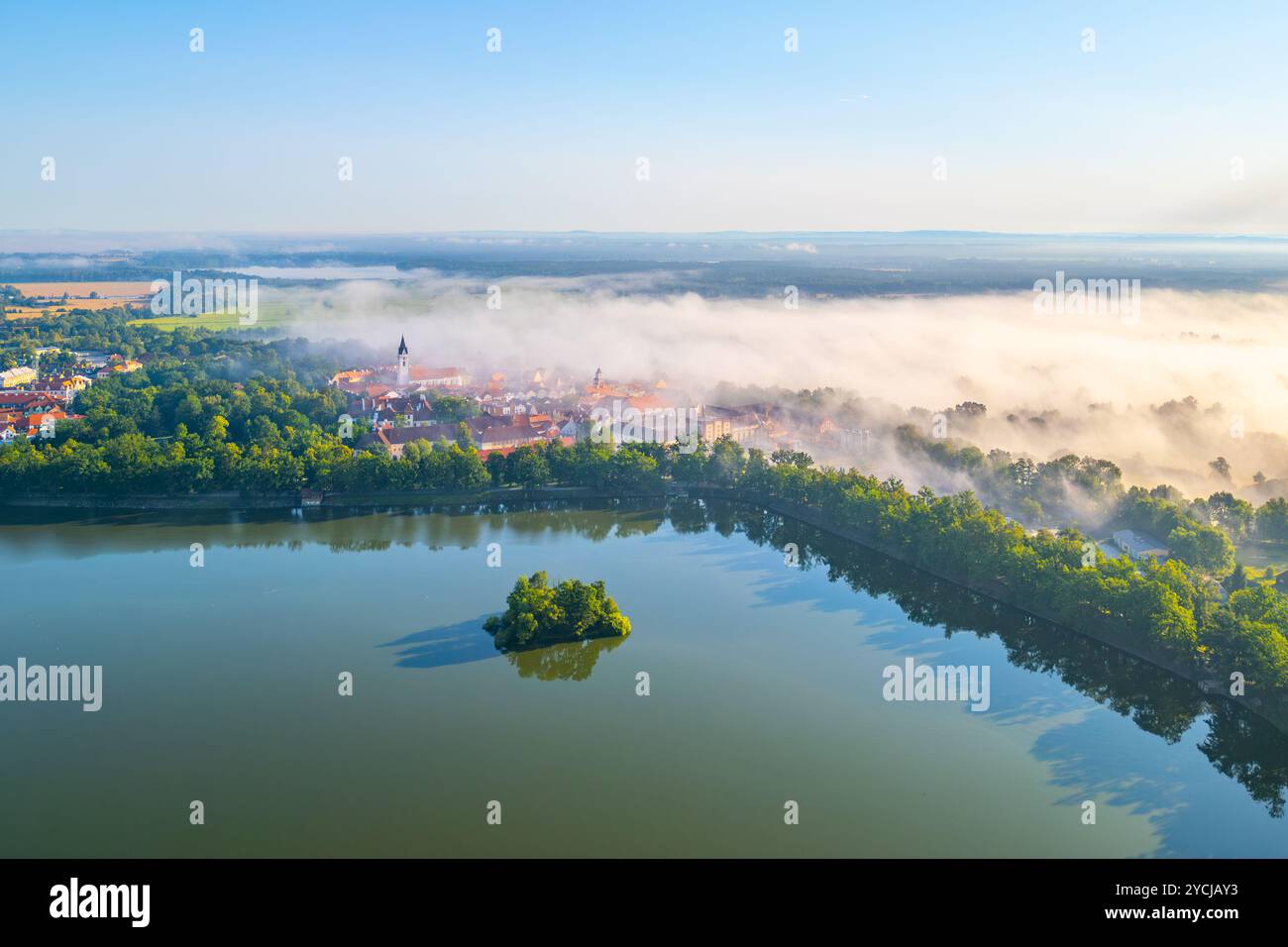 An enchanting aerial perspective of Trebon reveals the town shrouded in ...