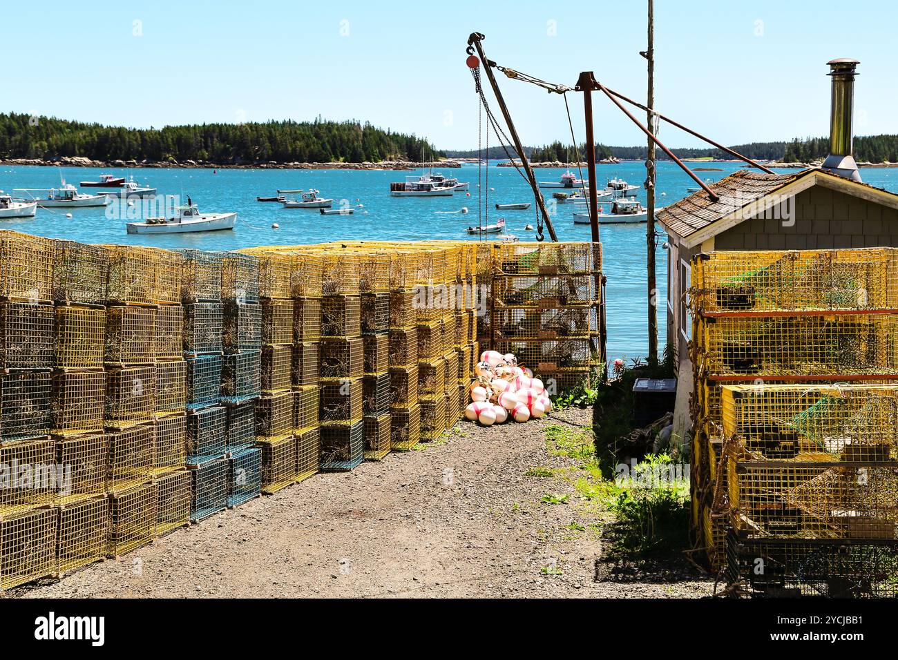 Blue and Yellow Lobster Traps Stacked on the Pier in Stonington, Maine ...