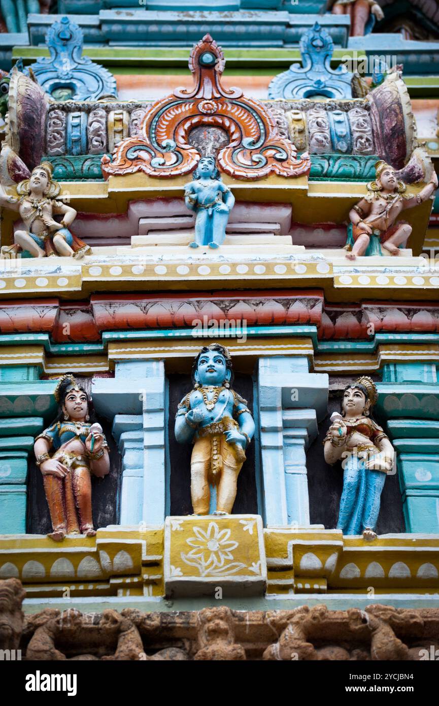 Hindu religious art. Ancient statue pantheon of Gods at Temple gopura ...