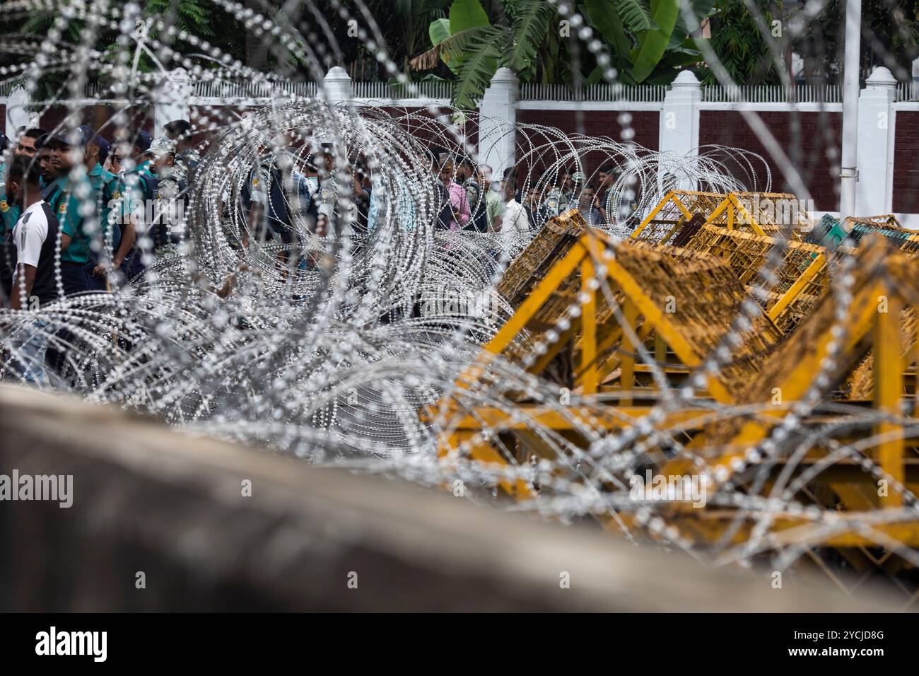 View of barbed wire fences, which were set up at the main entrance of ...