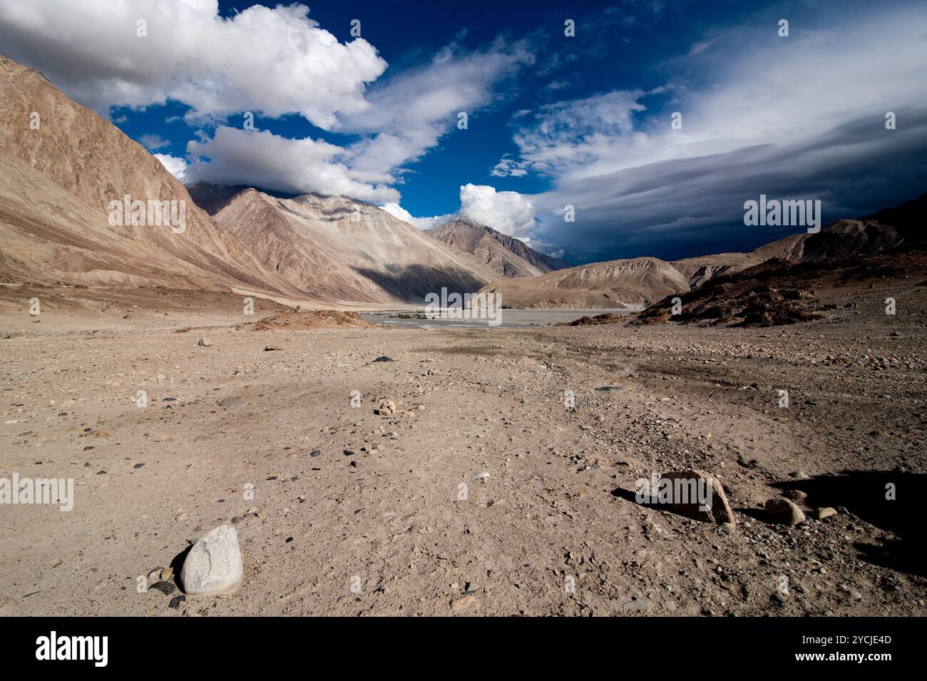 Himalaya high mountain landscape. Desert under dramatic cloudy sky ...