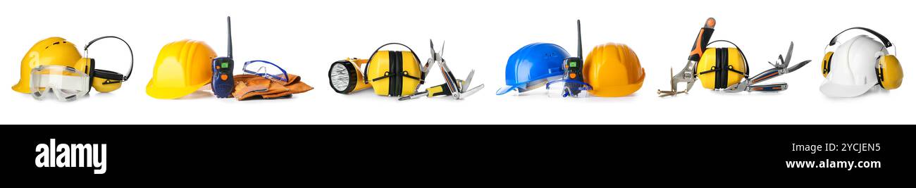 Set of safety equipment and tools on white background Stock Photo - Alamy