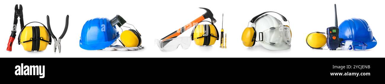 Collage of safety equipment and tools on white background Stock Photo ...