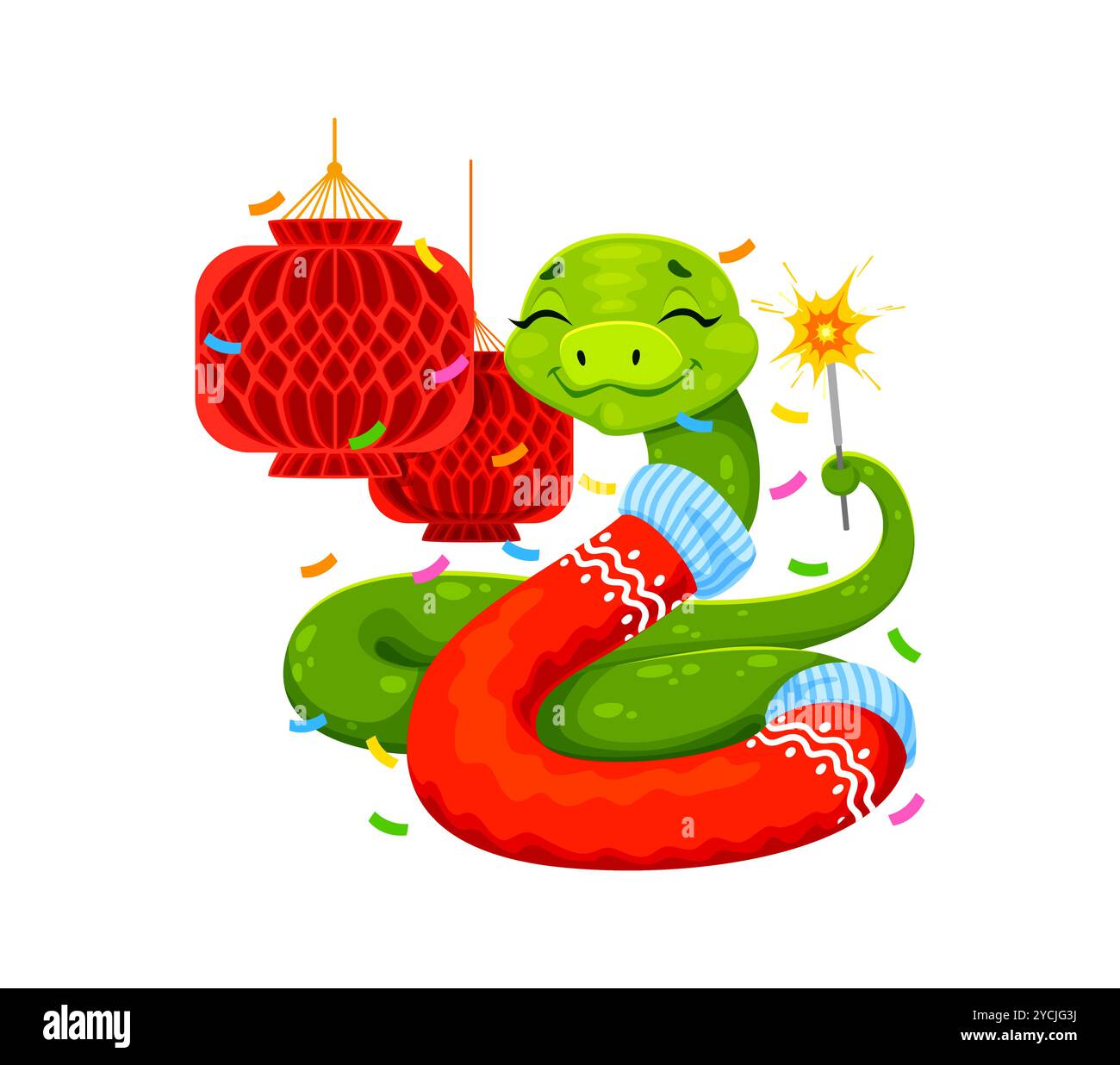 Cartoon green snake celebrating the Chinese Lunar New Year 2025 with ...
