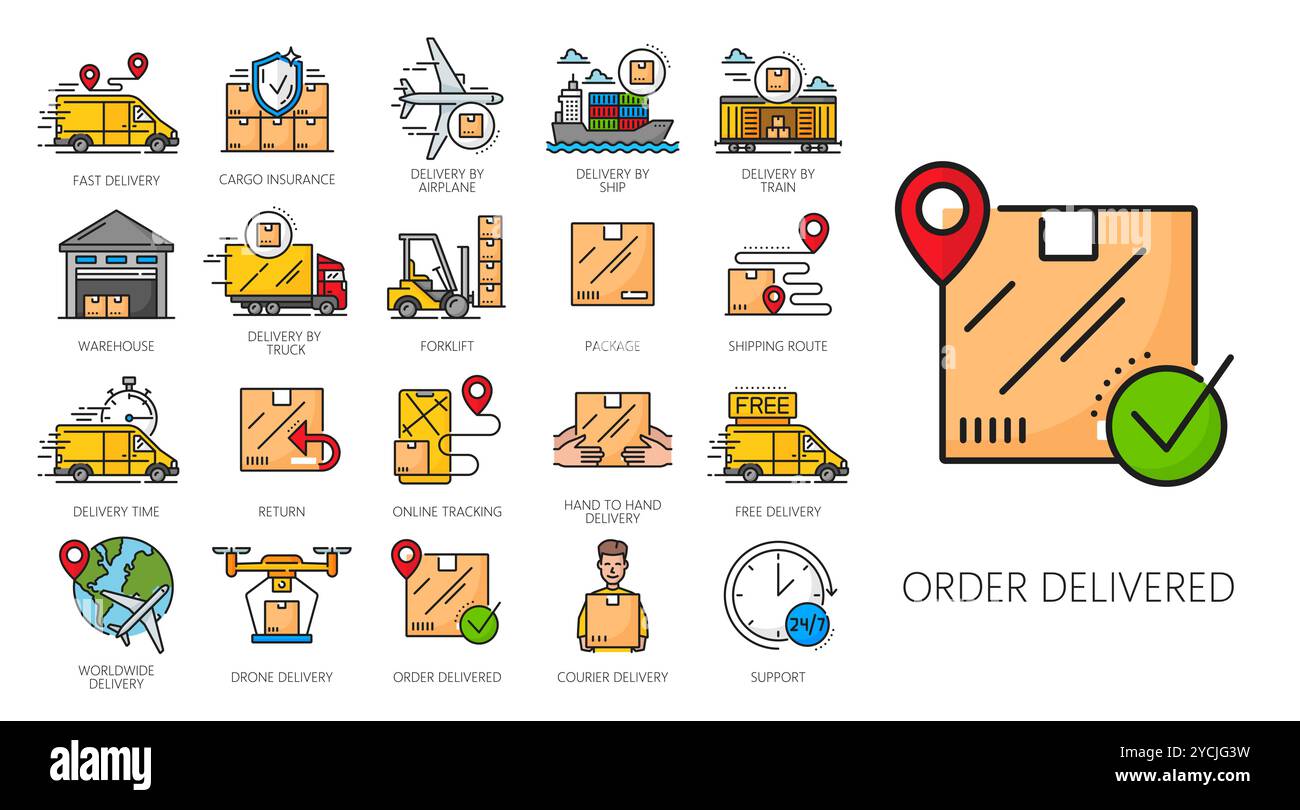 Color cargo carriage service, logistics line icons of supply chain and ...