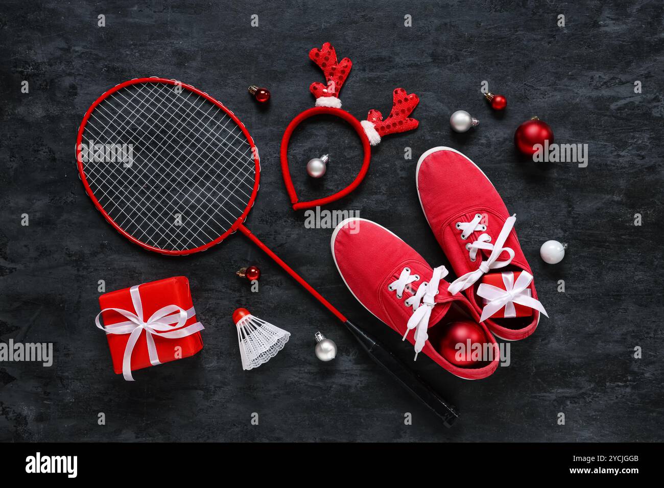 Composition with badminton racket, shuttlecock, shoes and Christmas ...