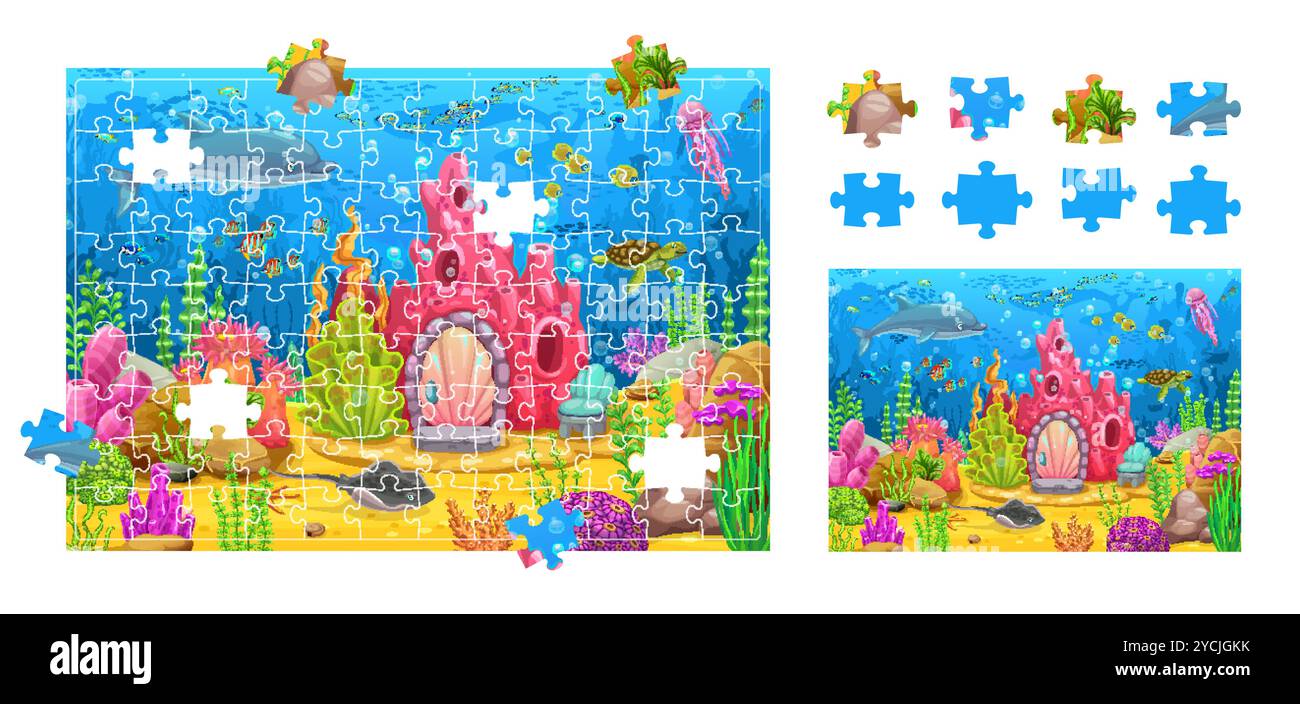 Jigsaw puzzle game pieces, cartoon underwater landscape. Vector ...