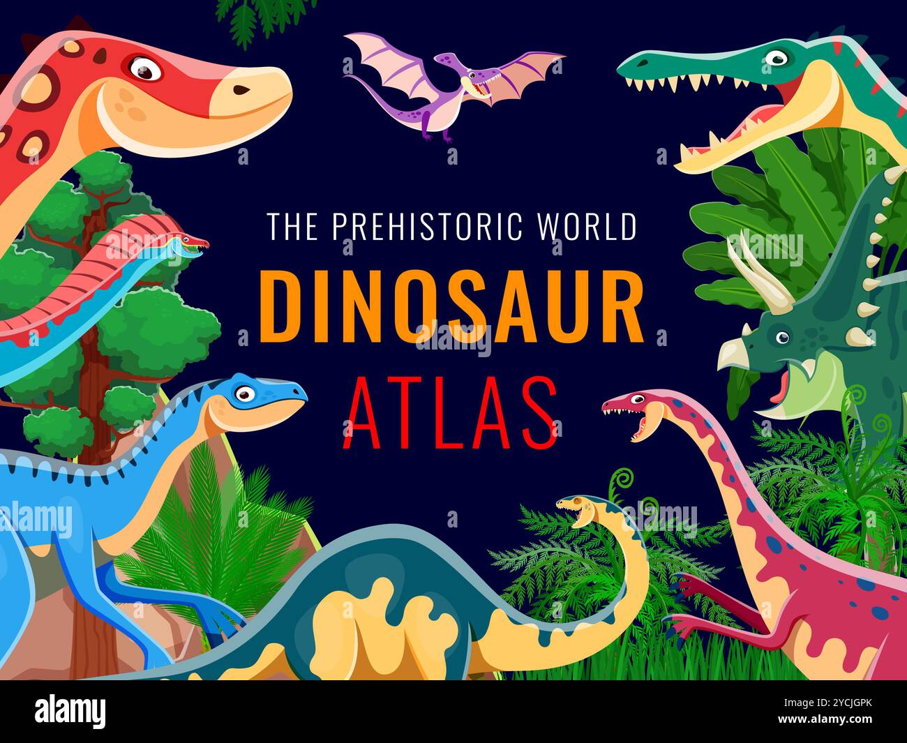 Dino atlas book cover, prehistoric dinosaur and reptile characters ...