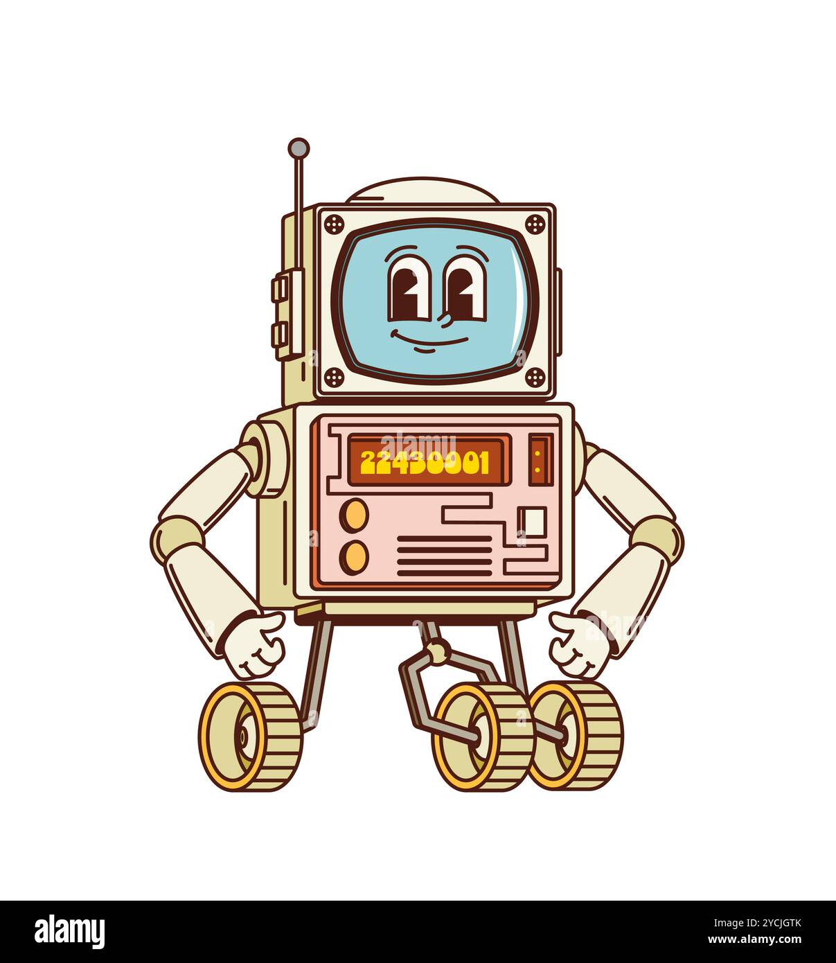 Cartoon retro groovy robot character bot on wheels, vector space rover ...