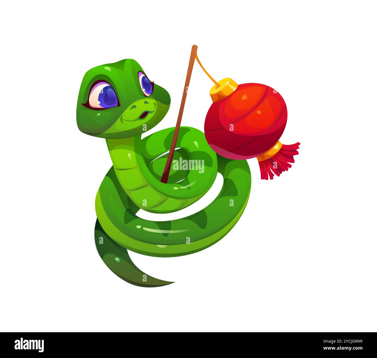 Cartoon green snake holding traditional red Chinese lantern. Isolated ...