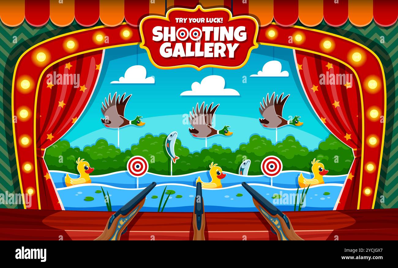 Hunting ducks, carnival shoot game, shooting range or gallery booth ...