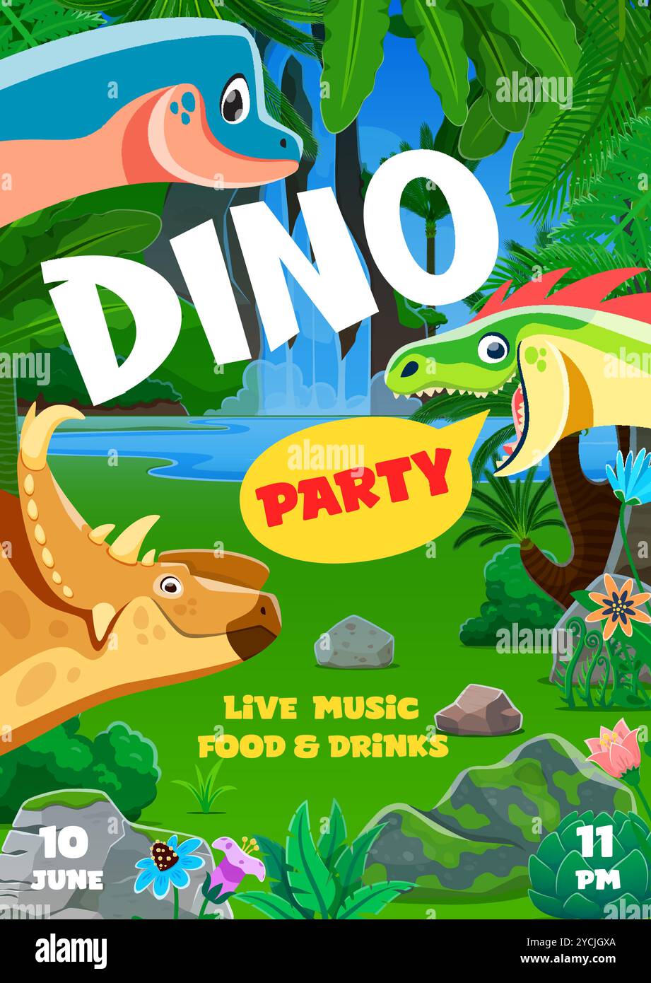 Funny dinosaurs on kids dino party flyer for entertainment event ...