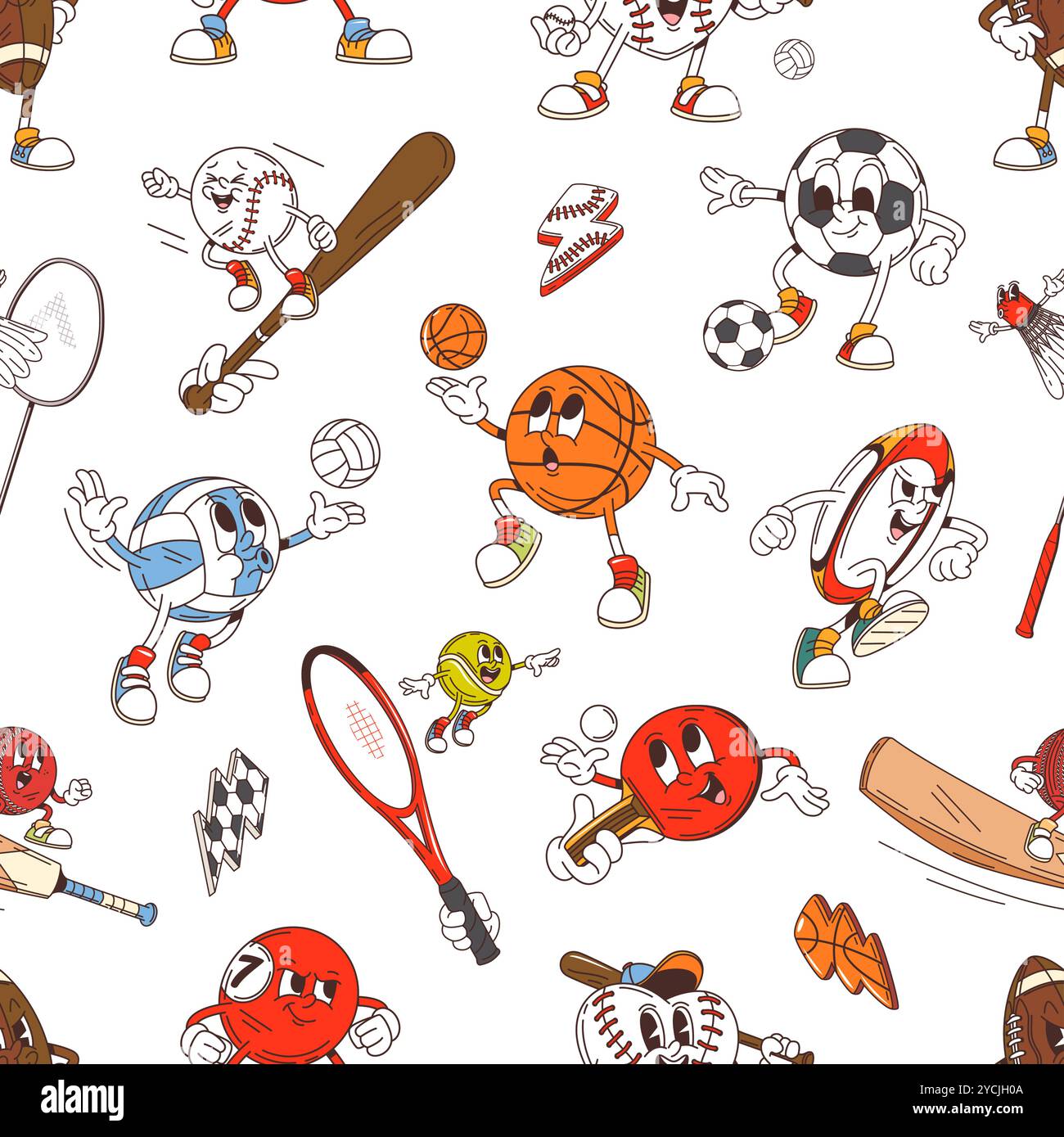 Retro groovy sport characters seamless pattern background, vector ...