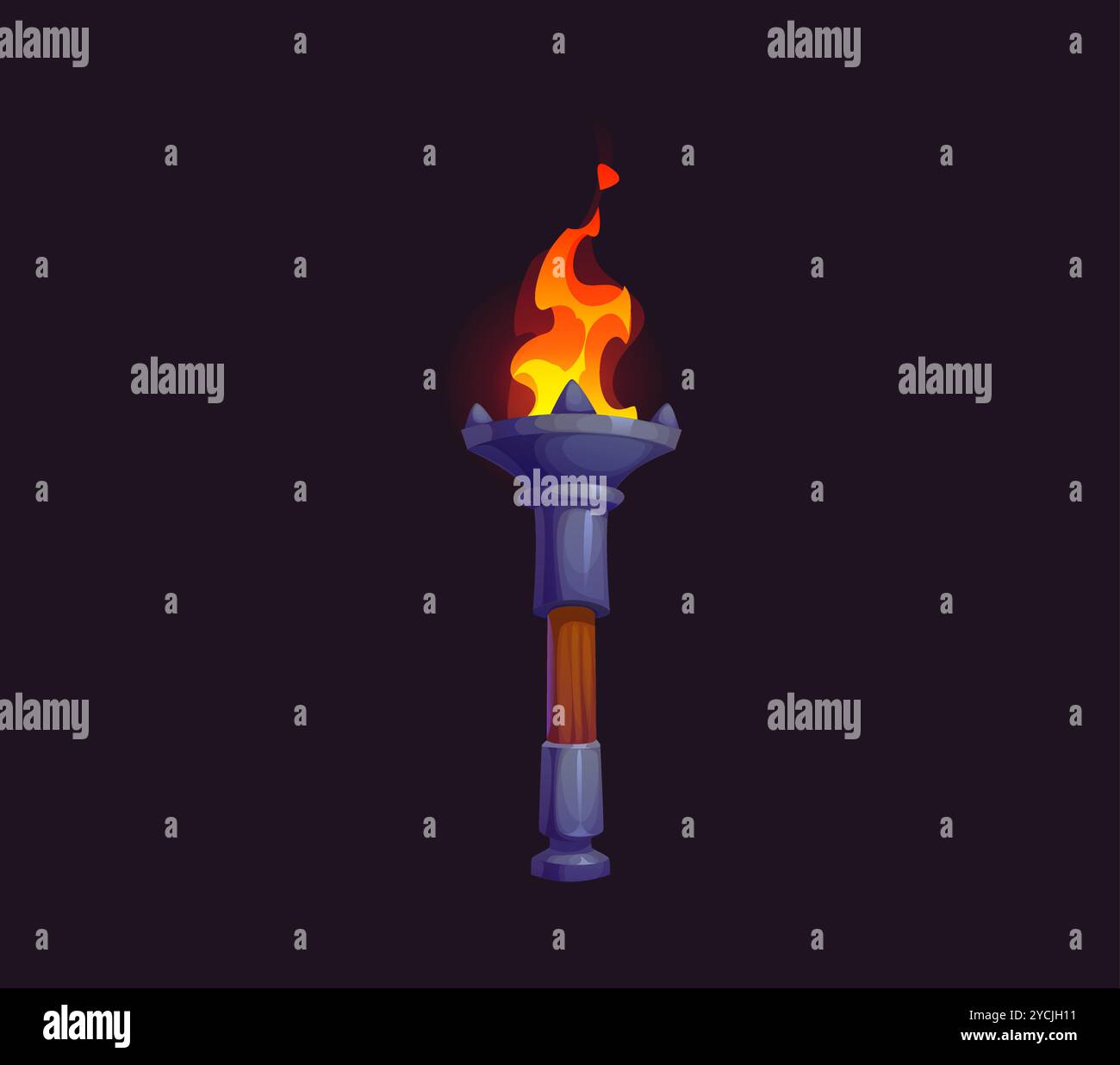 Game medieval fire torch with a bright burning flame, represents light ...