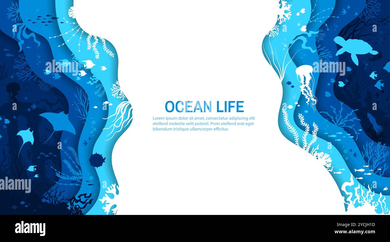 Paper cut underwater landscape, ocean life banner with fishes and sea ...