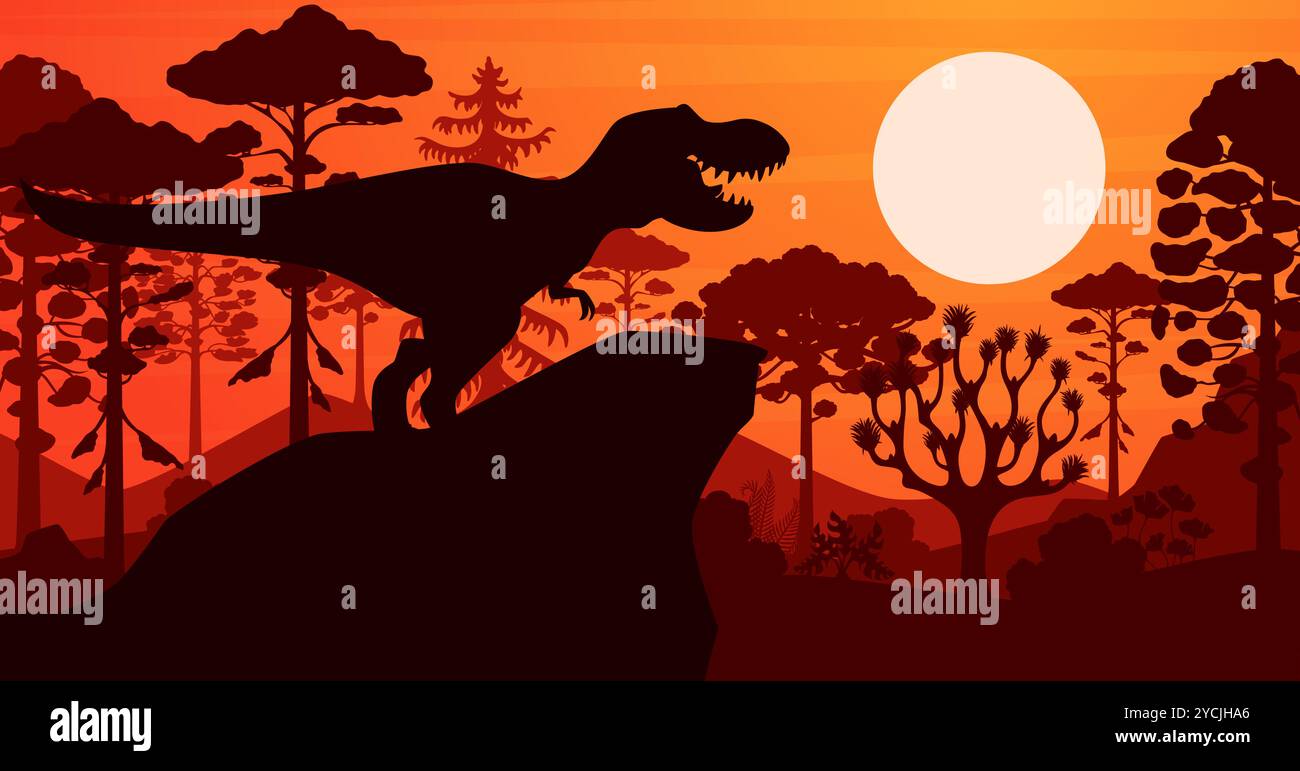 Prehistoric t-rex dinosaur silhouette at tropical sunset forest vector ...