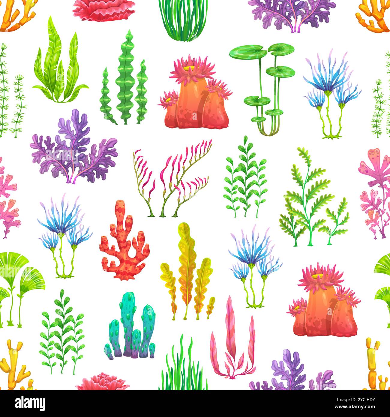 Cartoon underwater seaweed plants in seamless pattern, vector ...