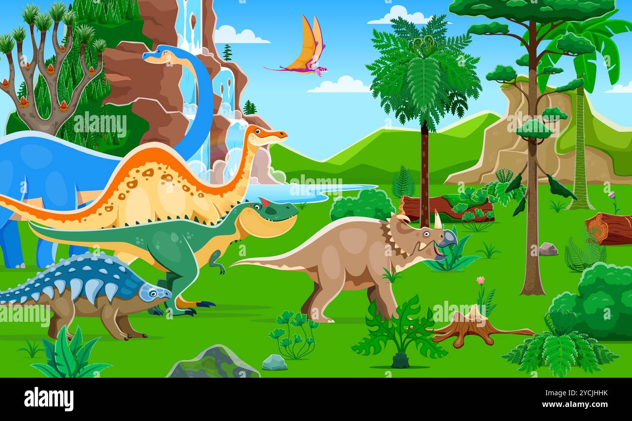Prehistoric dinosaurs of Jurassic era on dino park landscape, vector ...