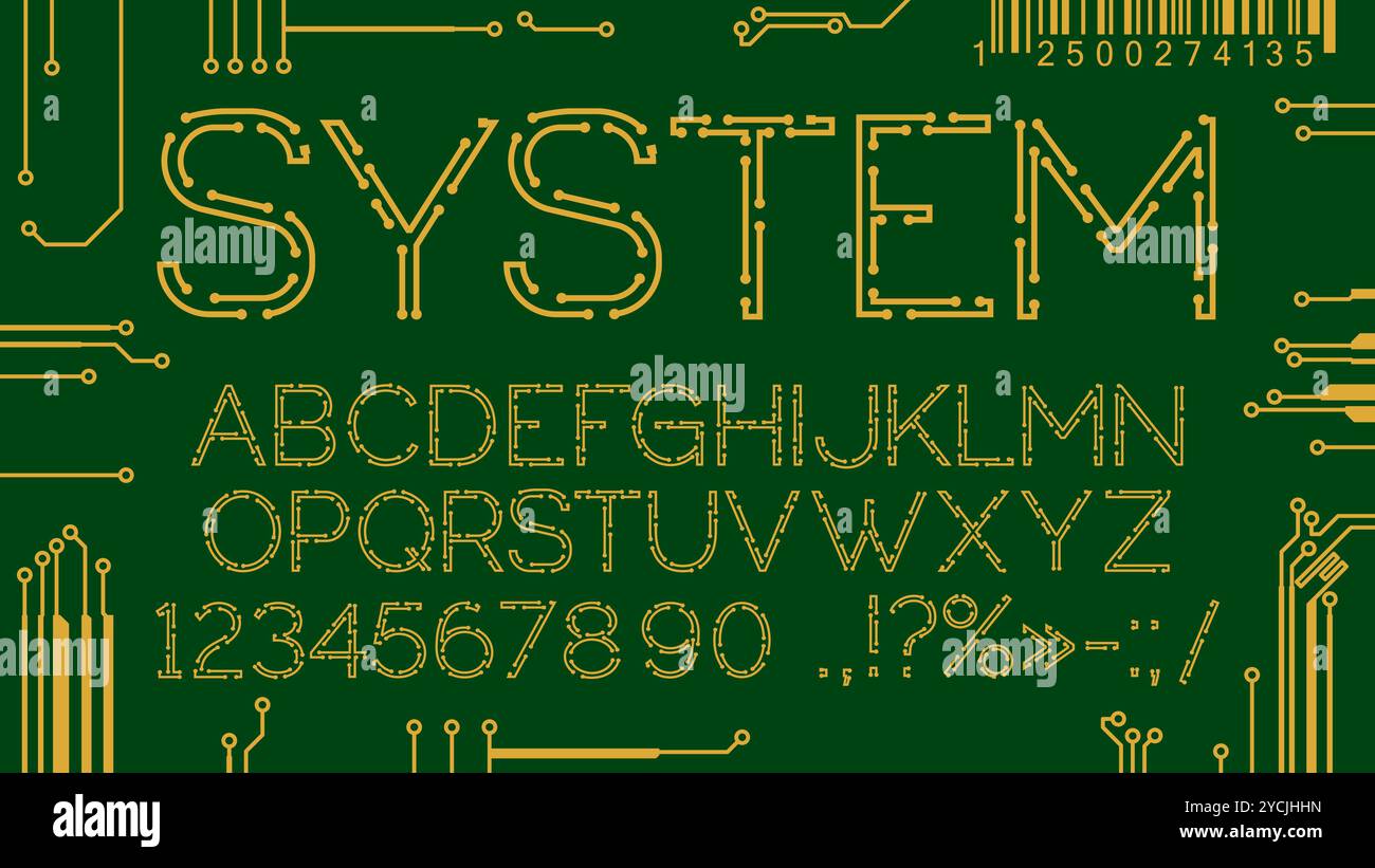 Techno circuit font, motherboard line type, digital computer typeface ...
