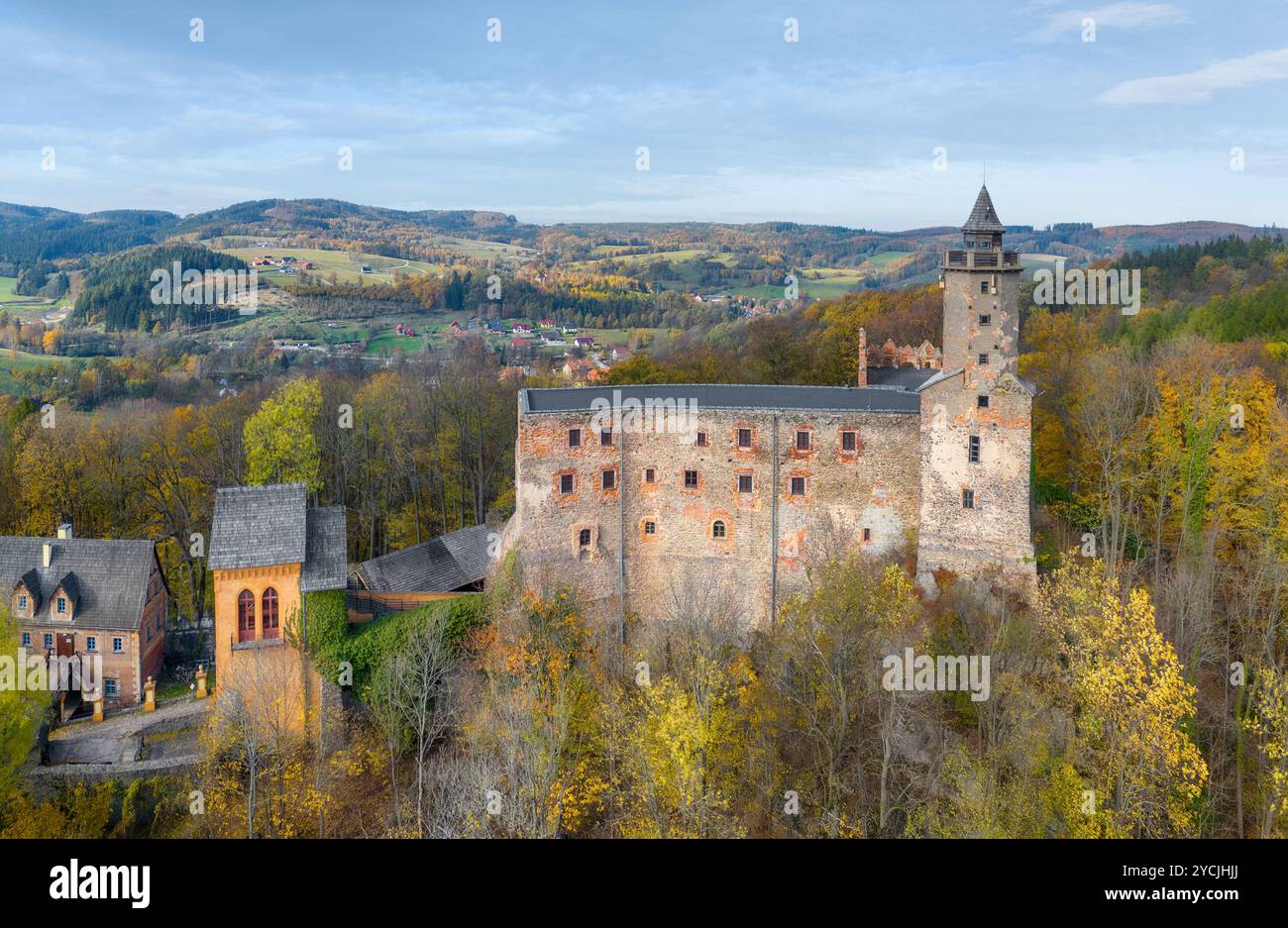 Aerial view of Grodno castle (Zamek Grodno) in Zagorze Slaskie, Poland ...