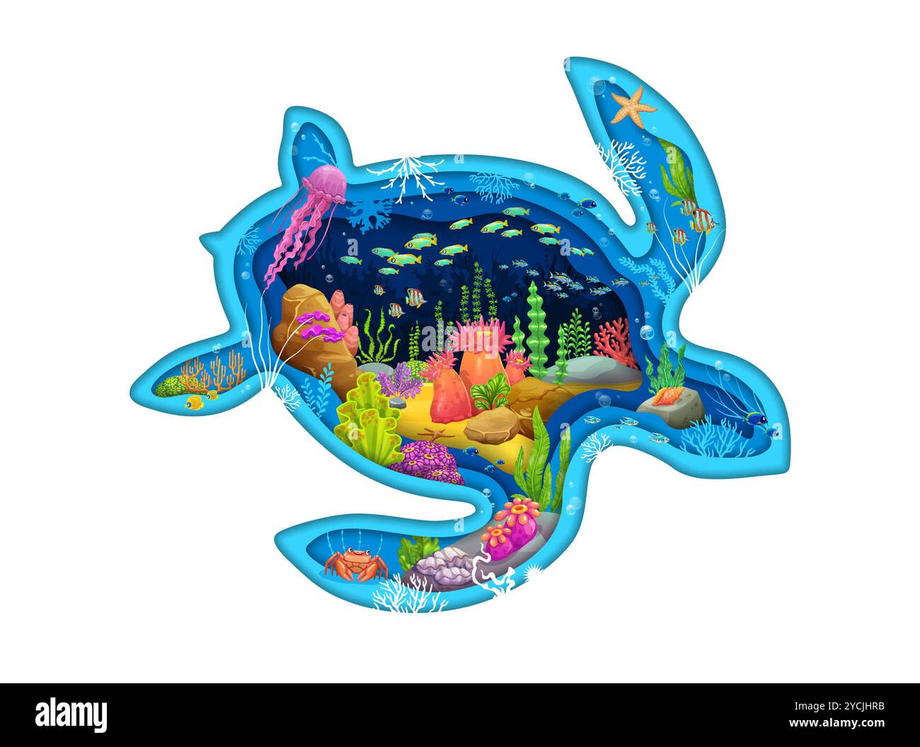 Paper cut turtle silhouette with underwater landscape of tropical reef ...