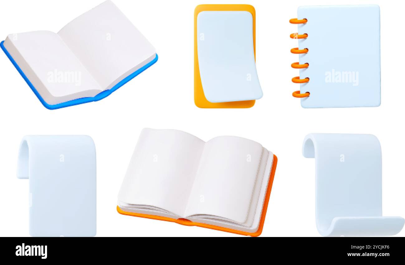 3d Paper for notes 3d icons. Open empty notebooks, sketchbooks notepad ...