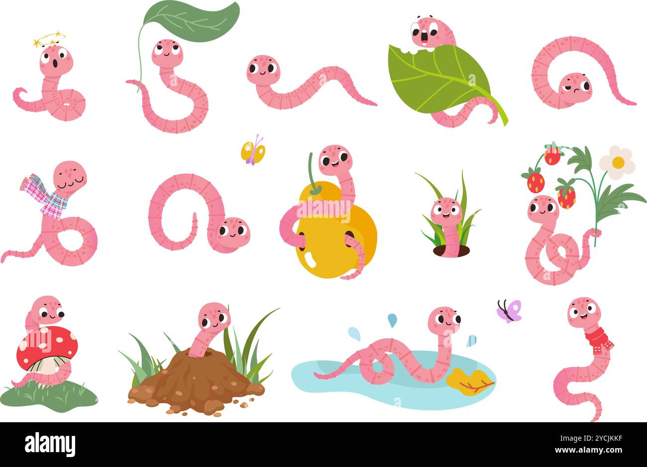 Cute cartoon worms. Cute worm with pear leaf berry, looking from in ...