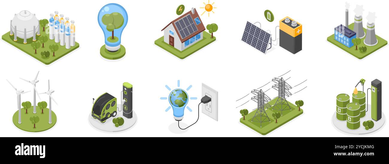 Isometric ecosystem. Electro and clean gas station, solar panels for ...
