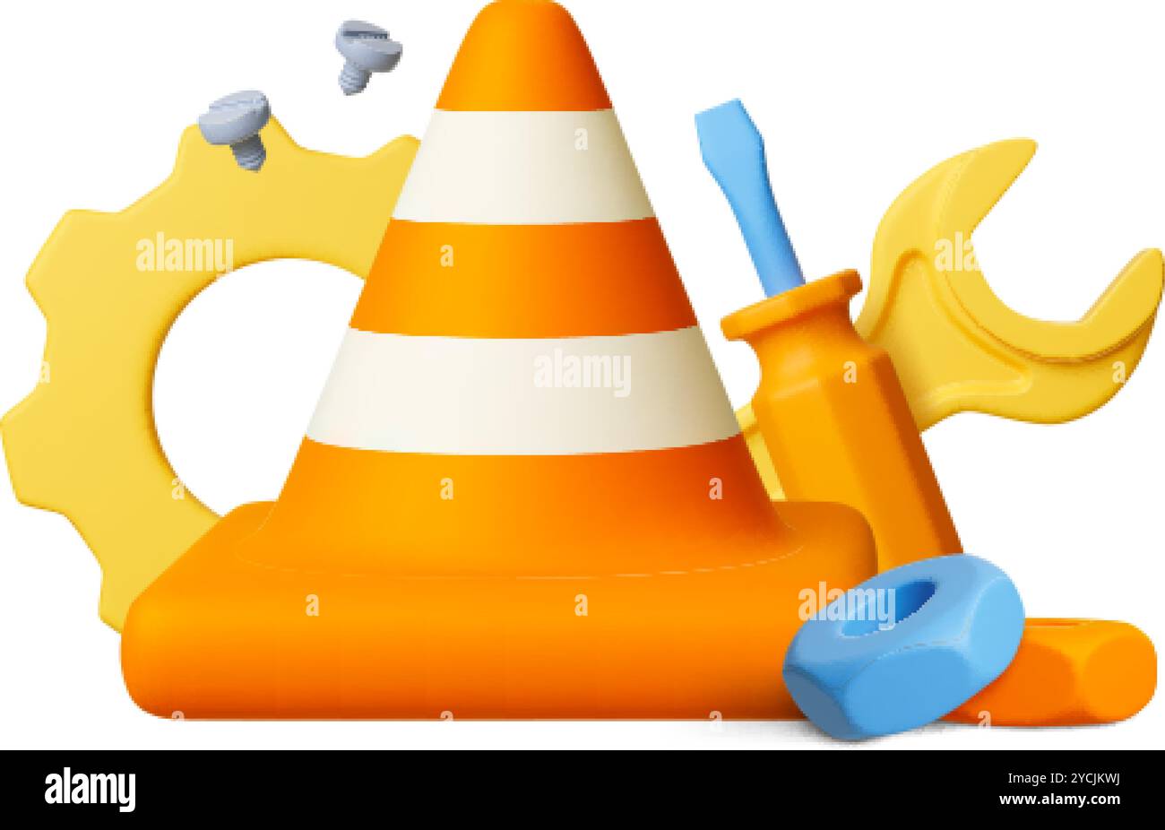 3d Repair 3d scene. Plastic traffic cone, screws, gears, nuts ...