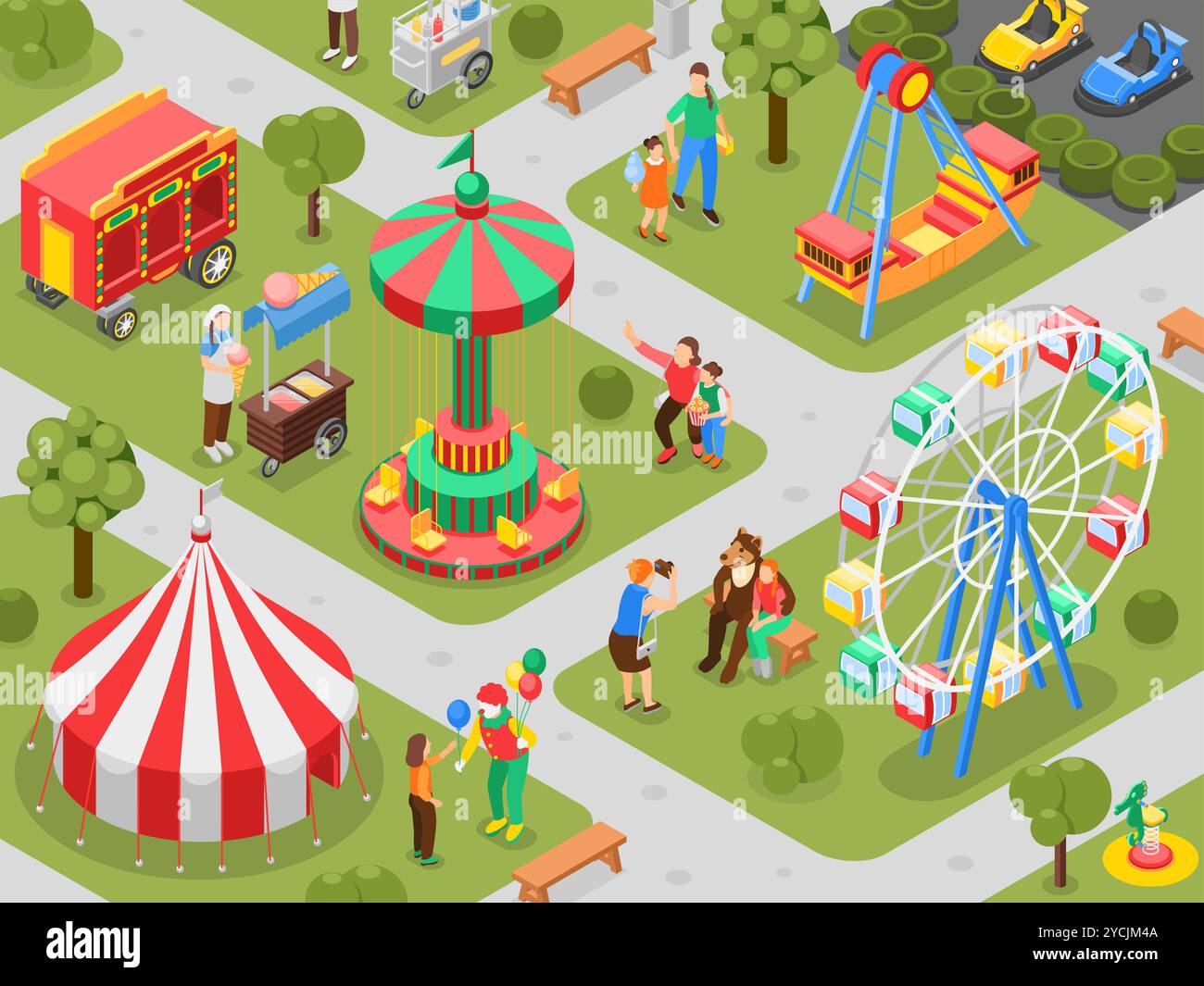 Isometric amusement park. Parents with children walking, eating ice ...