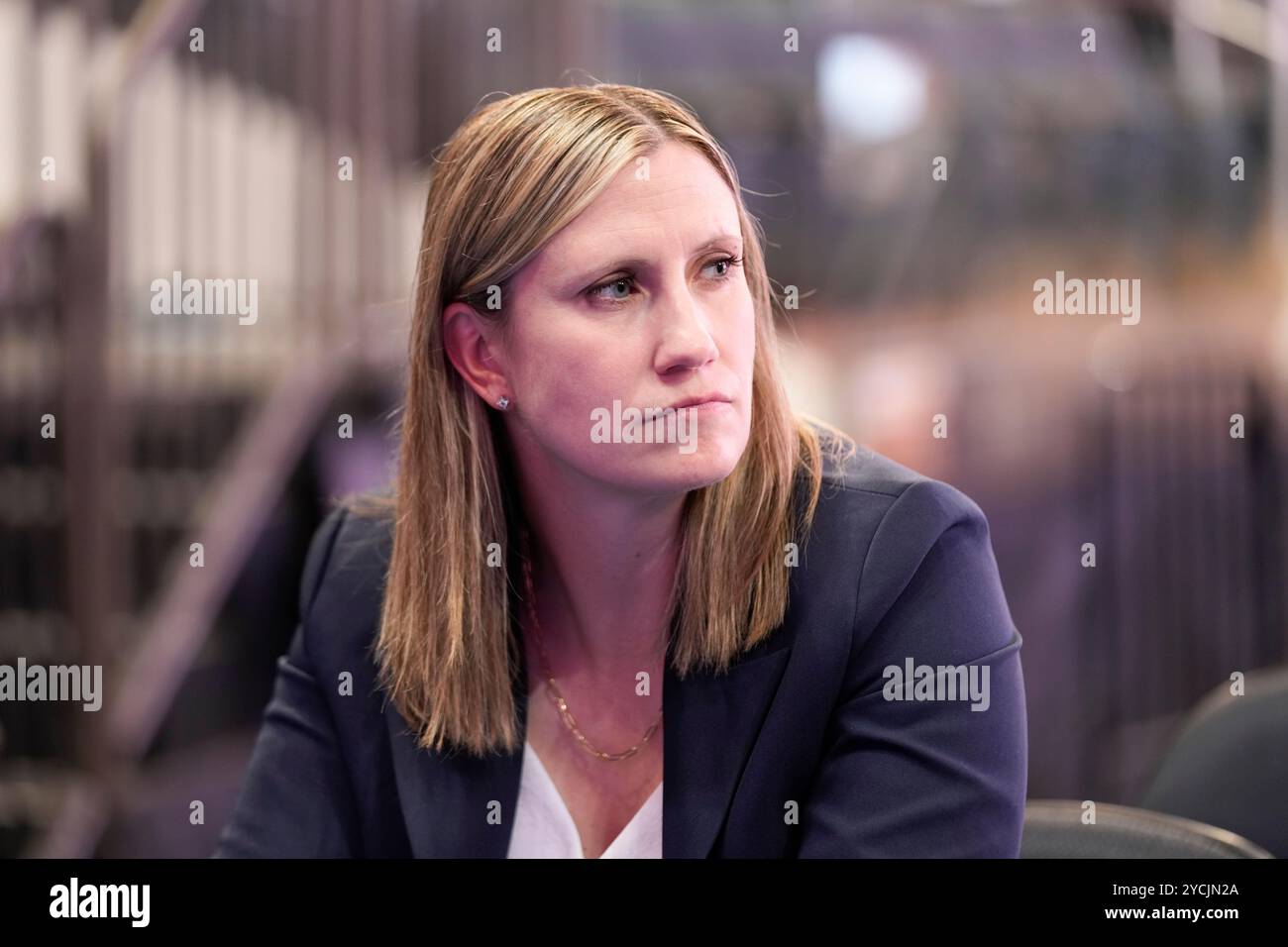Marquette head coach Cara Consuegra talks to reporters during the Big ...