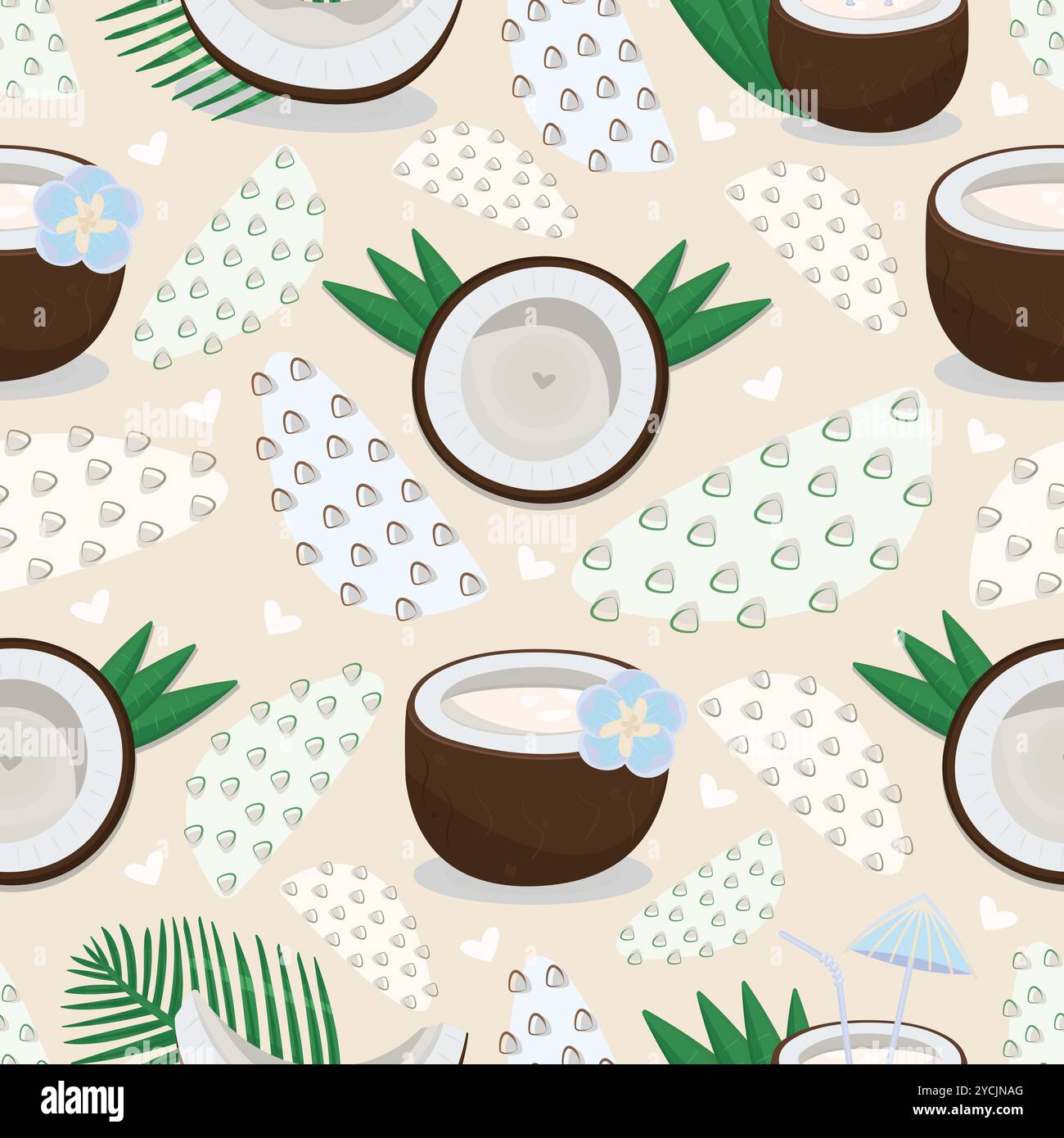 Coconut seamless pattern, nuts with palm leaves, flowers, milk and memphis style elements ...