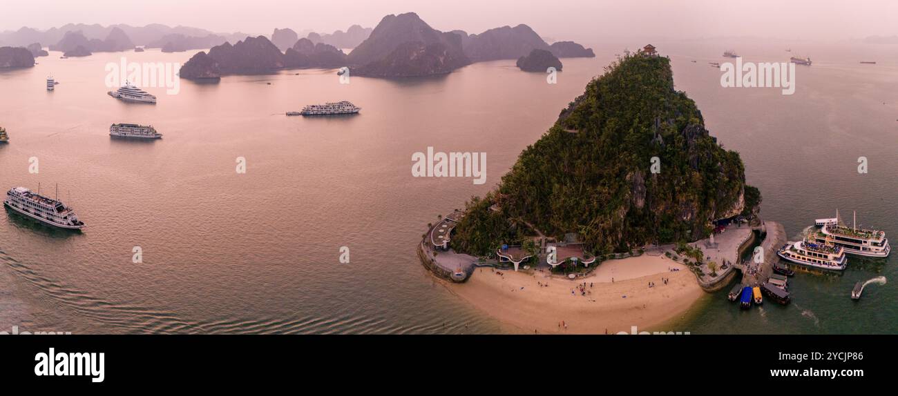 Aerial view of Ti Top Beach island, Ha Long Bay, Halong Bay is a UNESCO ...
