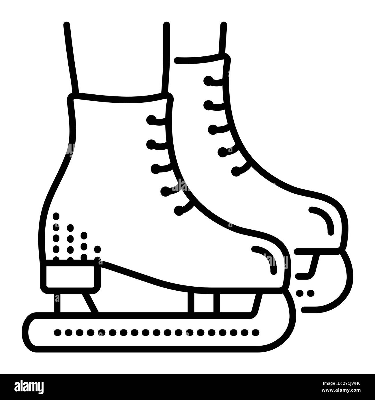 Two black line ice skates shoes on feet, ice skating icon. Vector ...