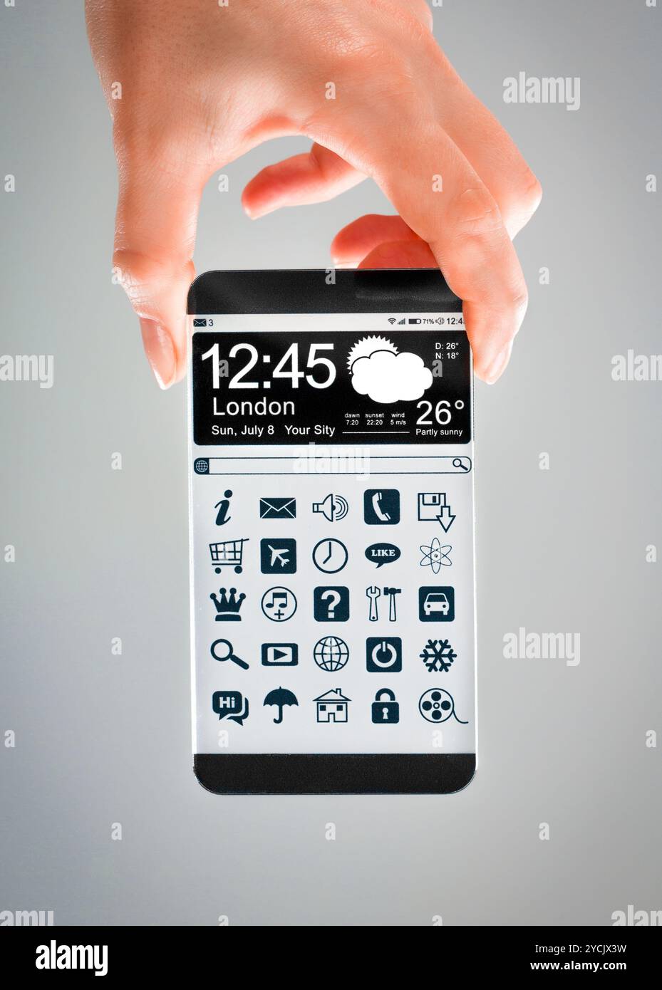 Smartphone (phablet) with a transparent display in human hands. Concept ...