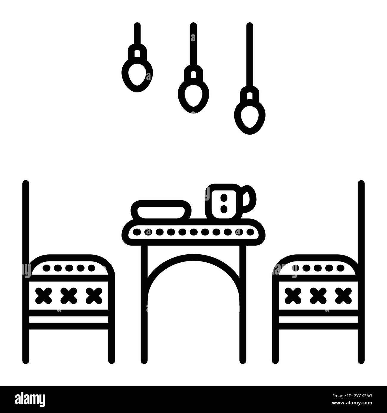 Kitchen room, dinner zone, table, two chairs and three ceiling lights ...