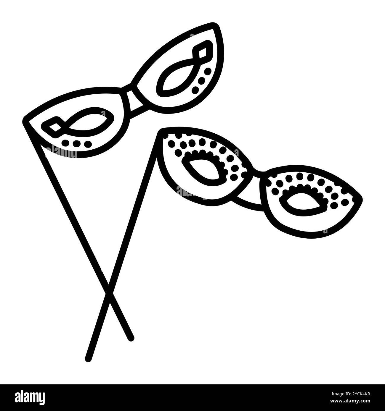 Two crossed masquerade masks with sticks, vector black line ...