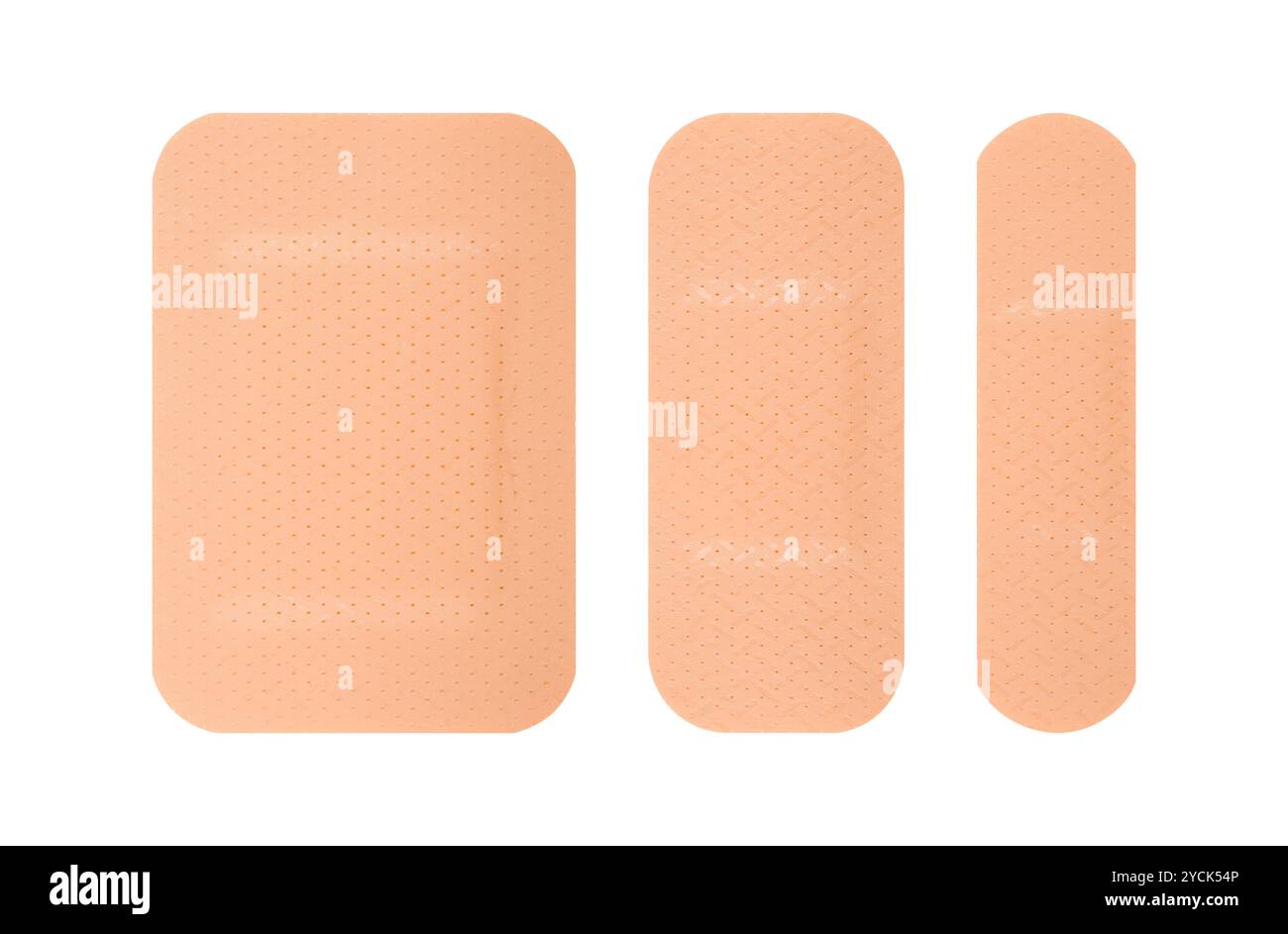 Three different sizes of skin toned adhesive bandages arranged side by ...