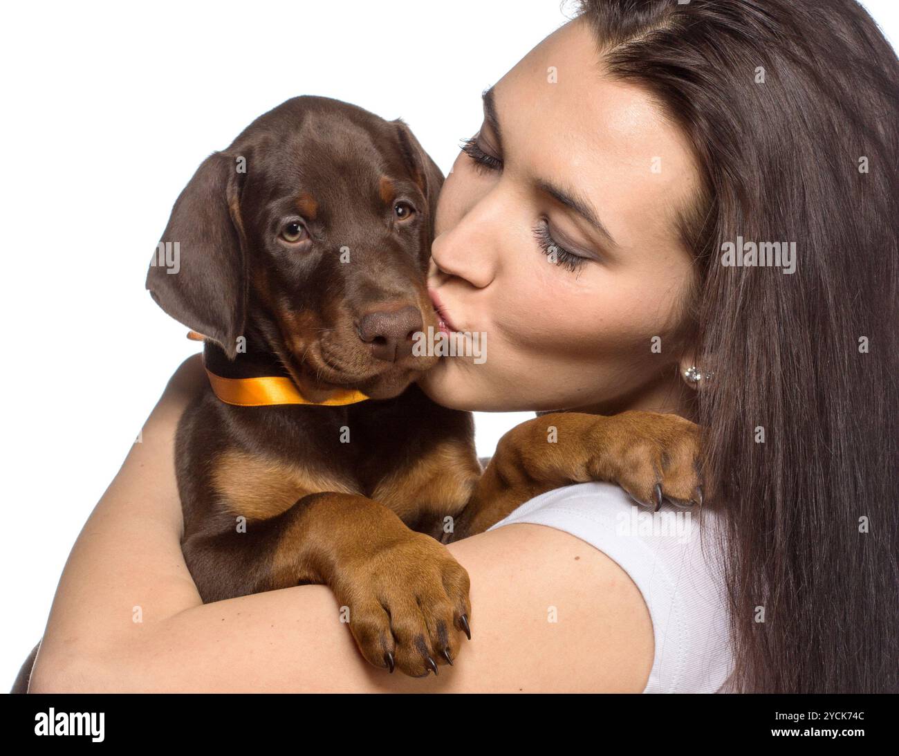 Brunette girl kissing her puppy isolated on white background Stock ...