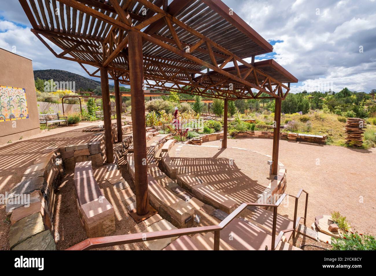 A shaded seating area at the Santa Fe Botanical Gardens, New Mexico ...