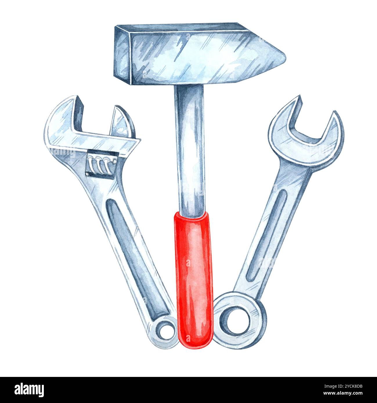 Red-handled hammer paired with two silver wrenches. Hand-painted ...