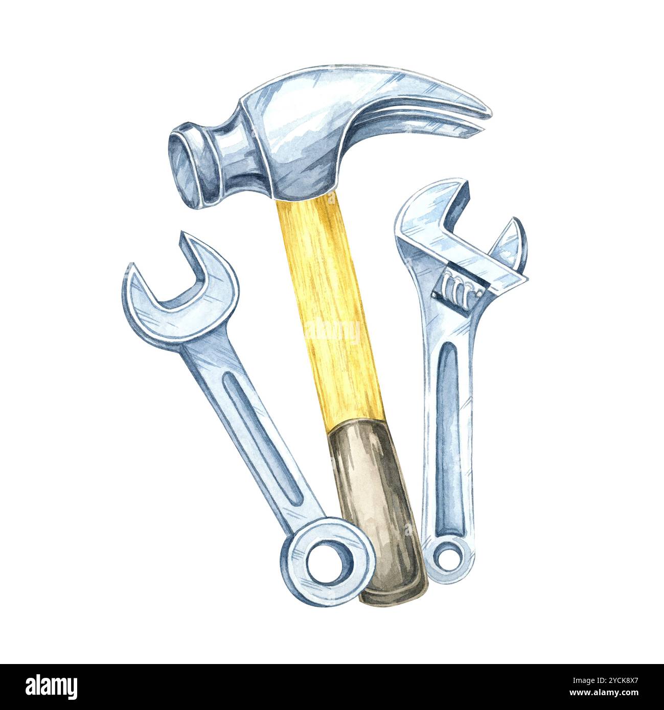 A hammer and two wrenches clipart. Hand-painted watercolor illustration ...