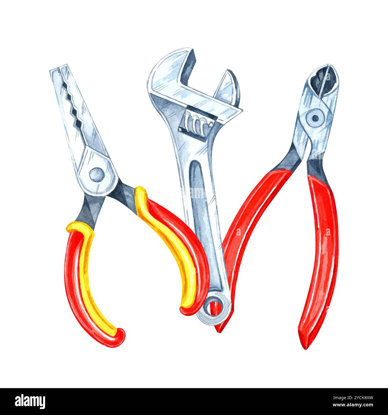 A red-handled cutter and a pair of pliers with a metal wrench. Hand ...