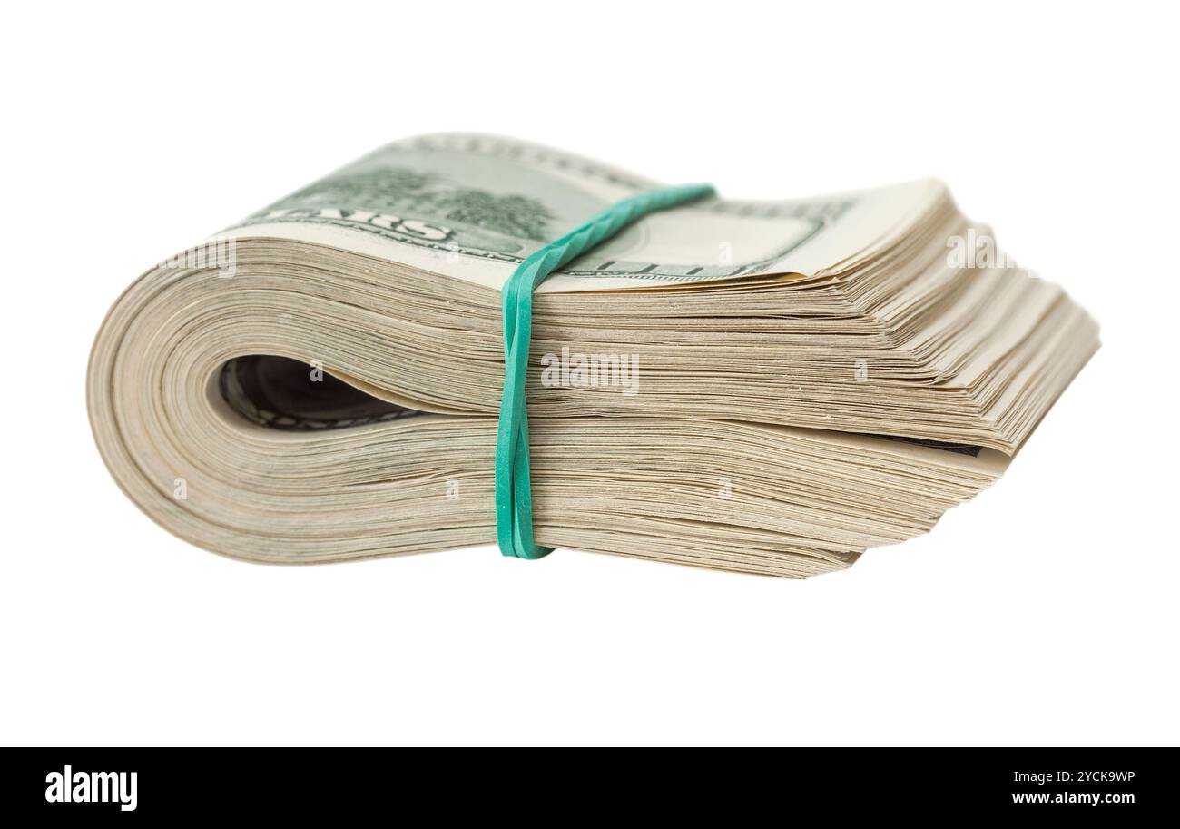 Stack of dollar bills wrapped by rubber on white background Stock Photo ...