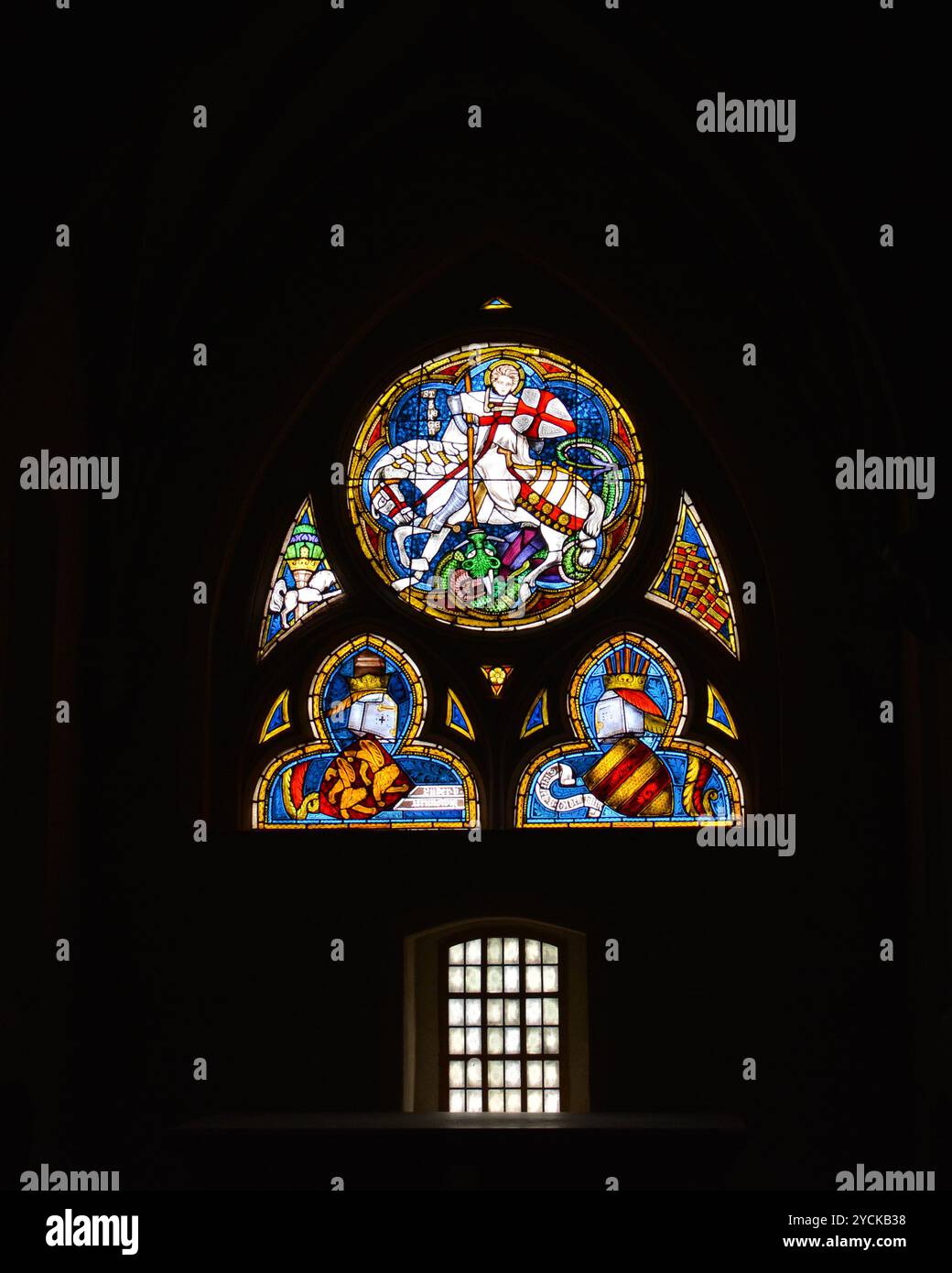 Stained glass window depicting Saint George slaying the dragon in the ...
