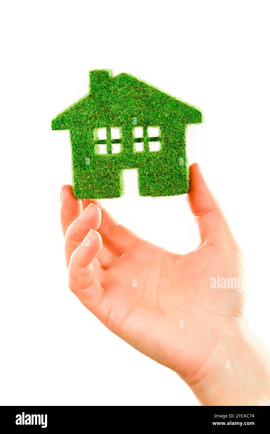 Grass home isolated on white background in human hands Stock Photo - Alamy